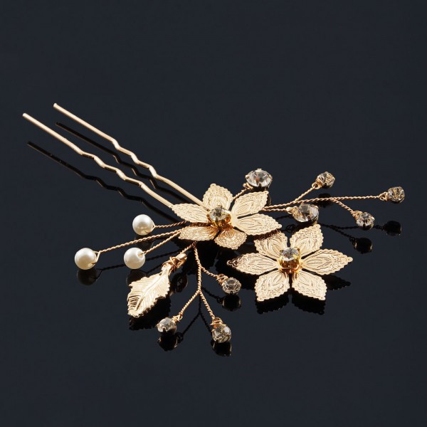 Hårnål förgyllda blad med vita pärlor - Athelinda